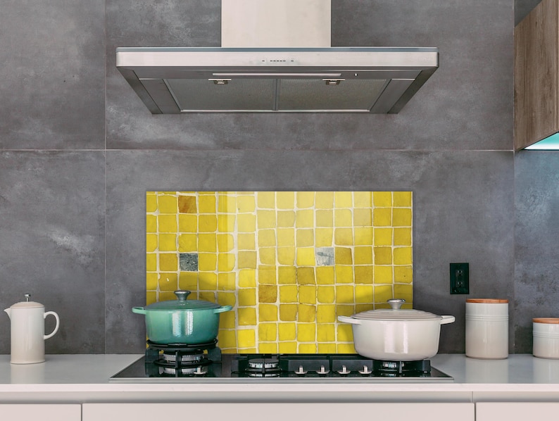 Yellow Tile Tempered Glass Backsplash, Custom Size Kitchen Wall Art - Etsy