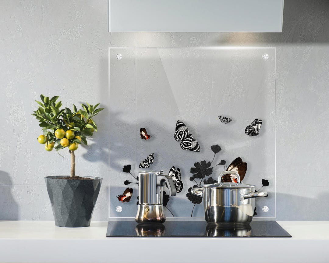 Transparent Glass Backsplash – Butterflies Print, Heat Resistant ...