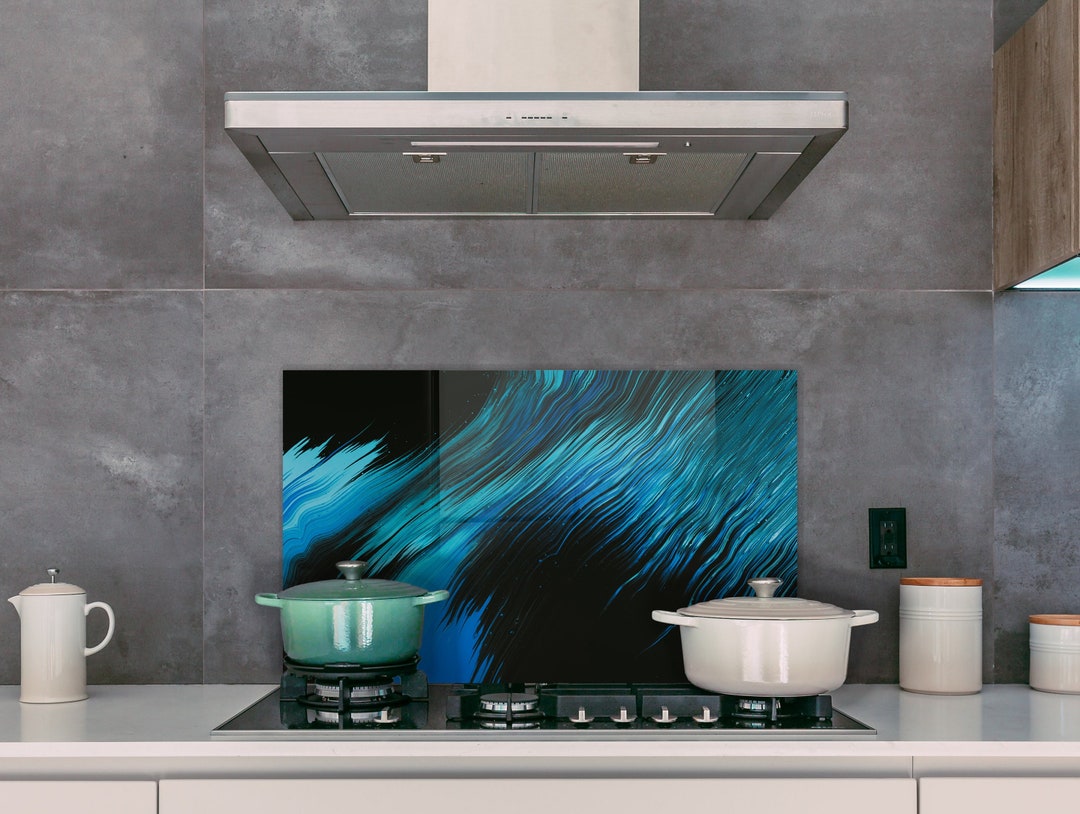 Abstract Black & Blue Kitchen Backsplash, Kitchen Tile Tempered Glass ...