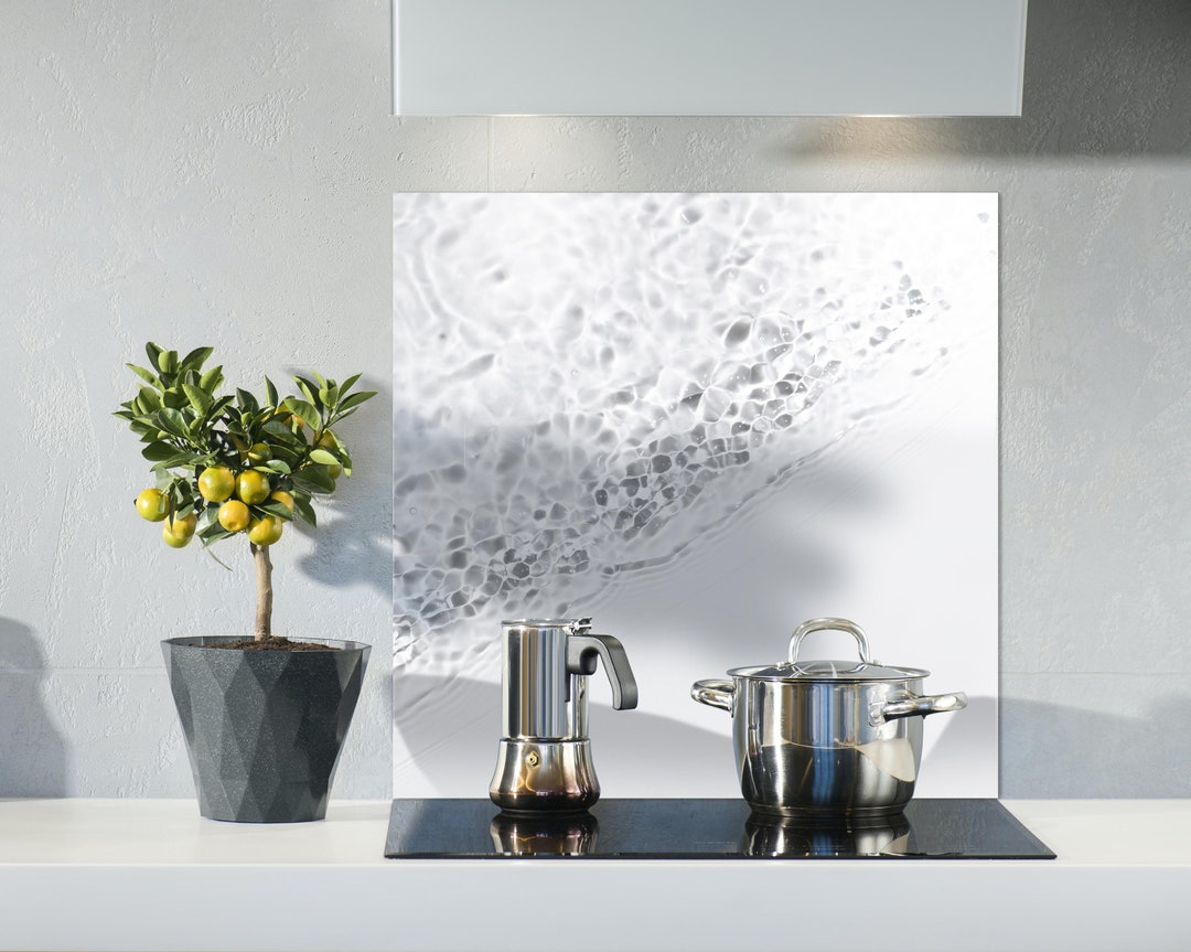 Abstract White Kitchen Backsplash From Tempered Glass, Water Print ...