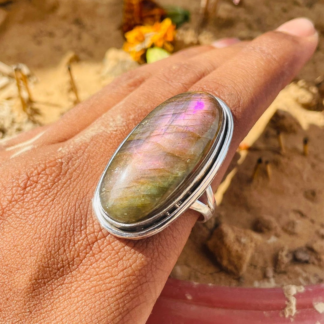 Natural Purple Labadorite Gemstone Ring, 925 Sterling Silver Plated ...