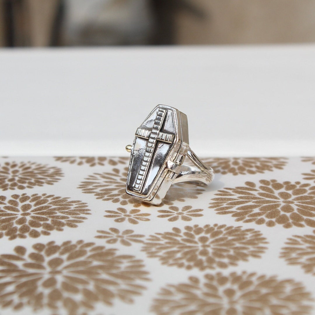 Silver Plated Coffin Ring | Pill Box, Locket Ring - Etsy