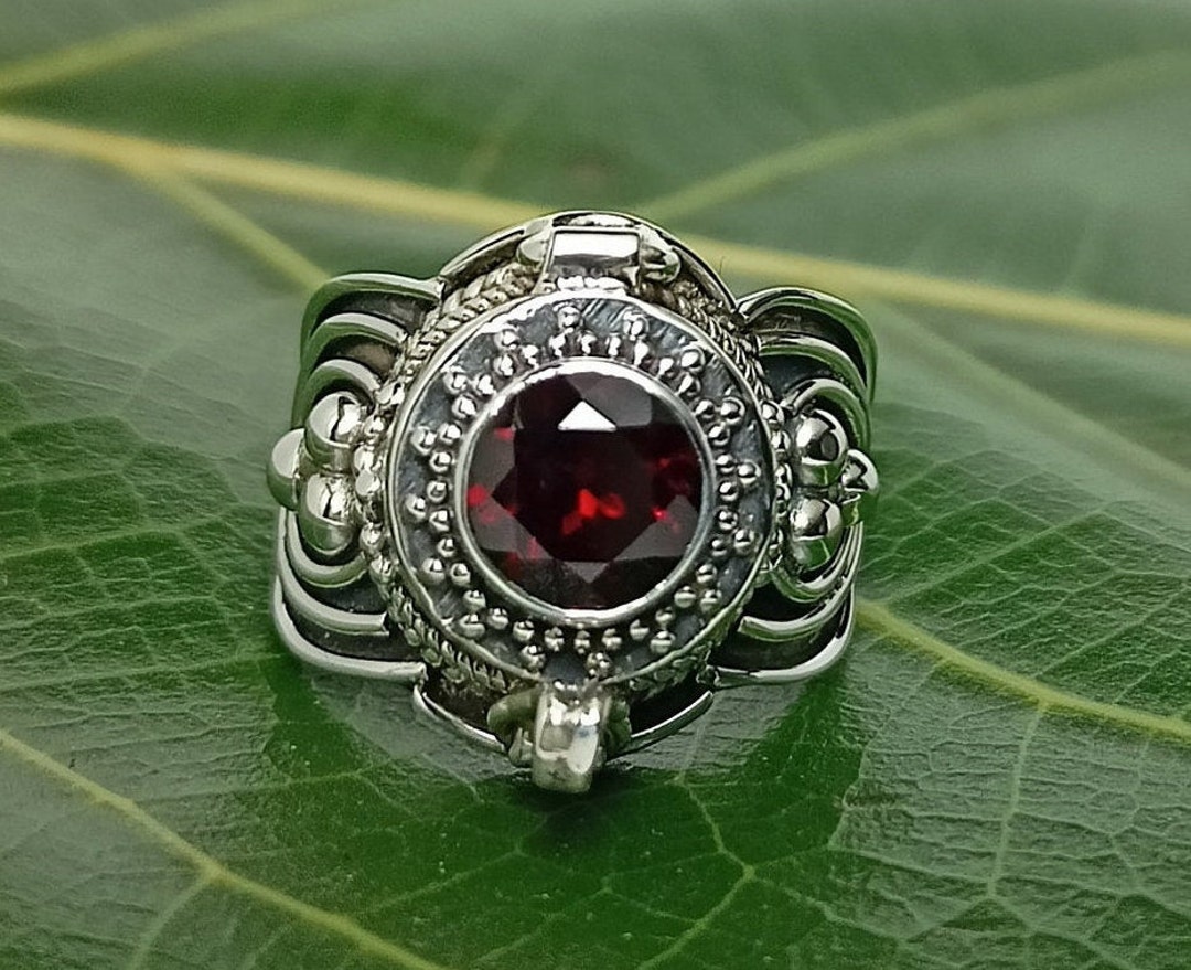 Silver Plated Garnet Ring, Secret Compartment Ring - Etsy