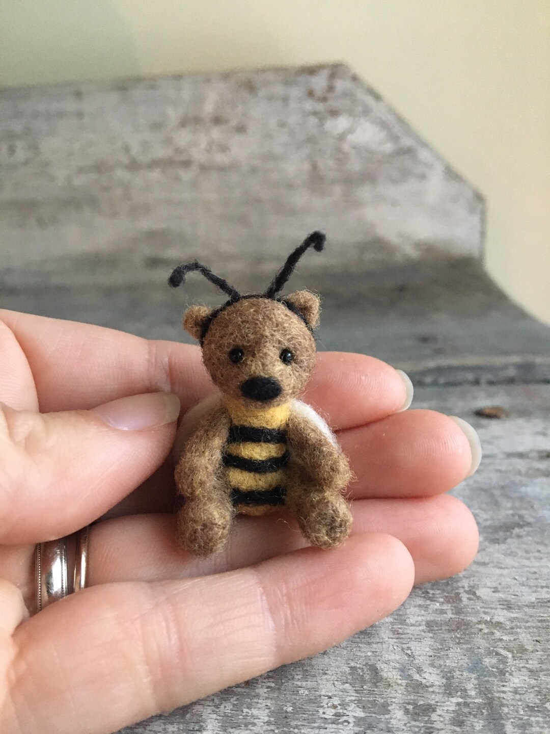 Needle Felted Miniature Teddy Bear in Bumblebee Costume Baby Brown Bear Bumblebee Tiny Miniature ...
