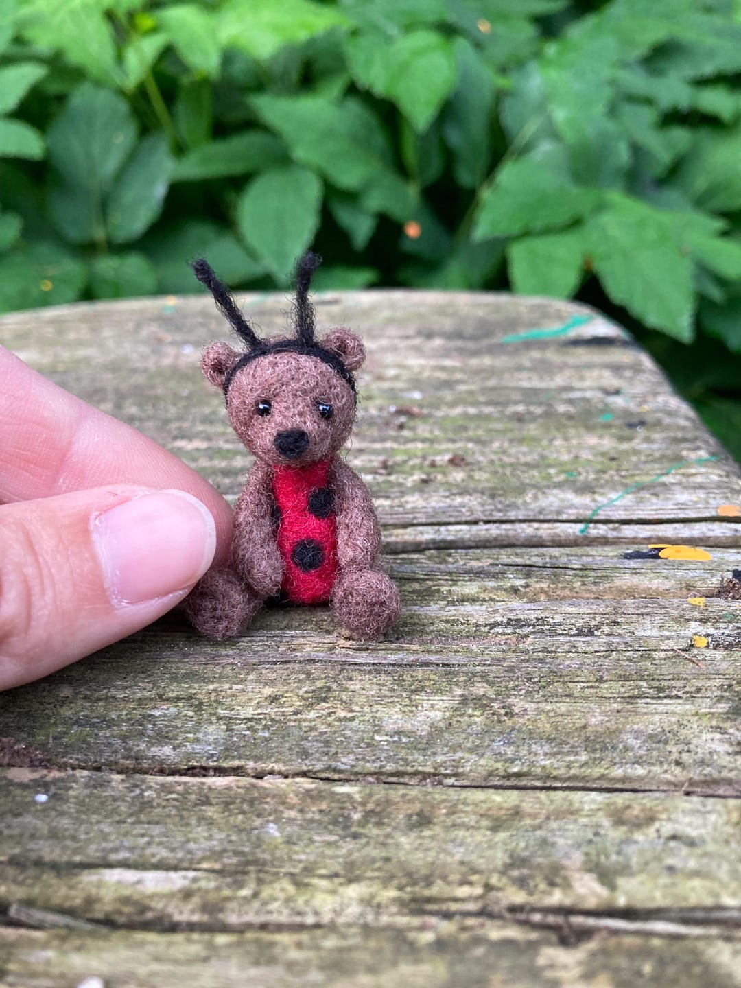 Needle Felted Miniature Teddy Bear in Lady Bug Costume Baby Brown Bear ...