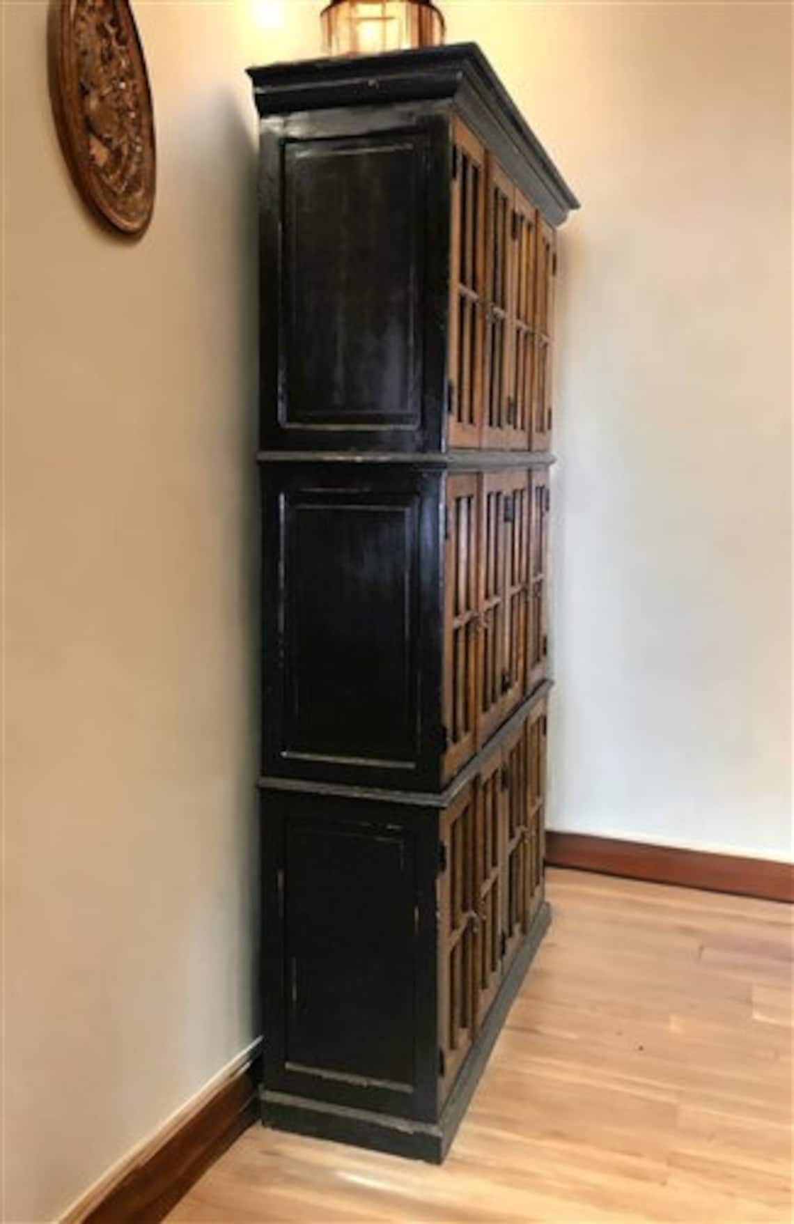 4'10 Triple Stack Cabinet, Black With Teak Doors, Kitchen Cabinet ...