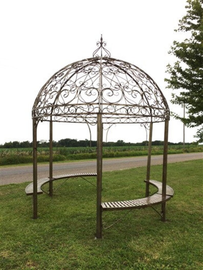 Elegant Swirl Gazebo With Bench, Dome Roof, Metal Pergola, Outdoor ...