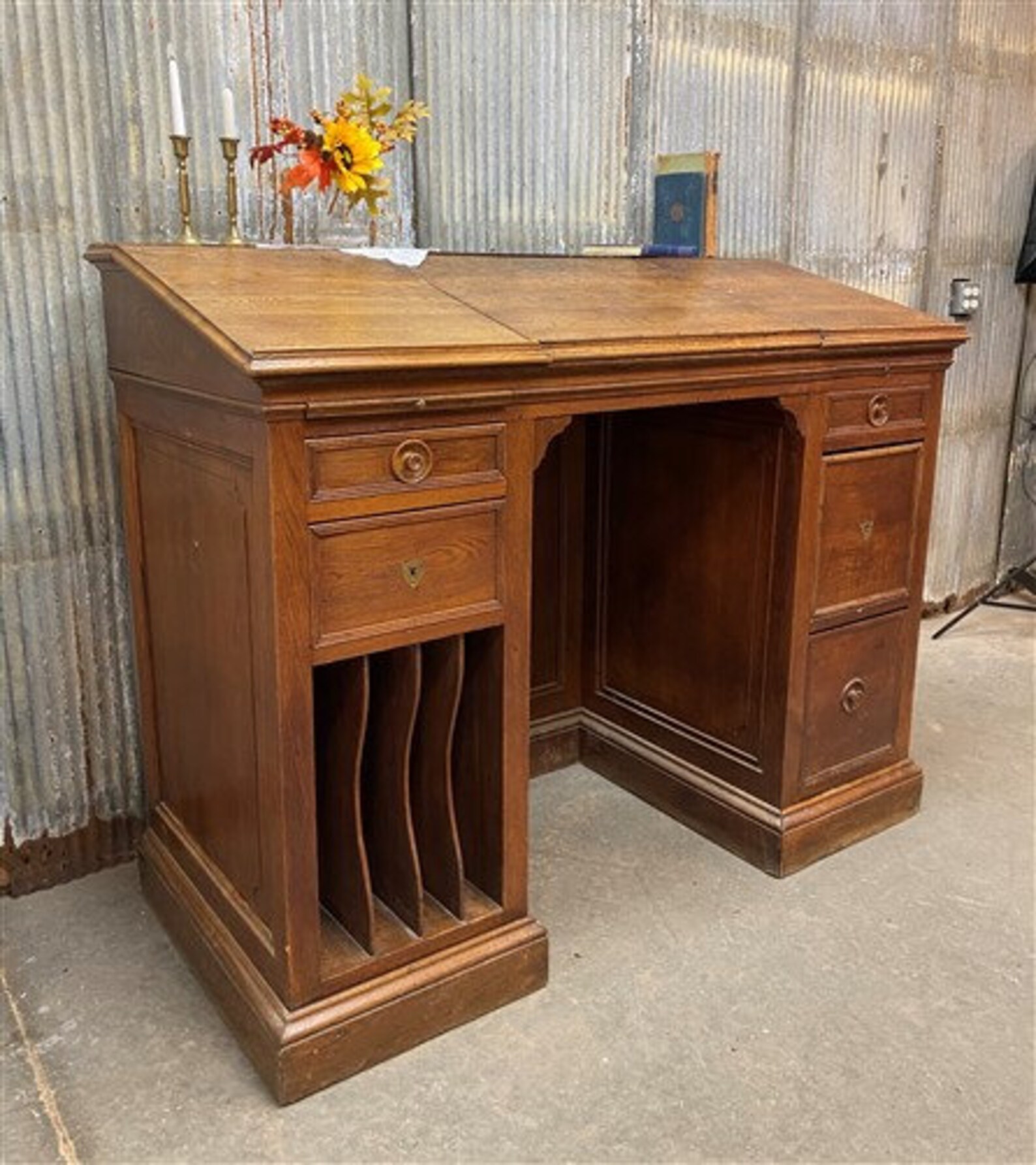 Vintage Oak Slant Front Desk, Standing Desk, Wood Furniture, Secretary ...