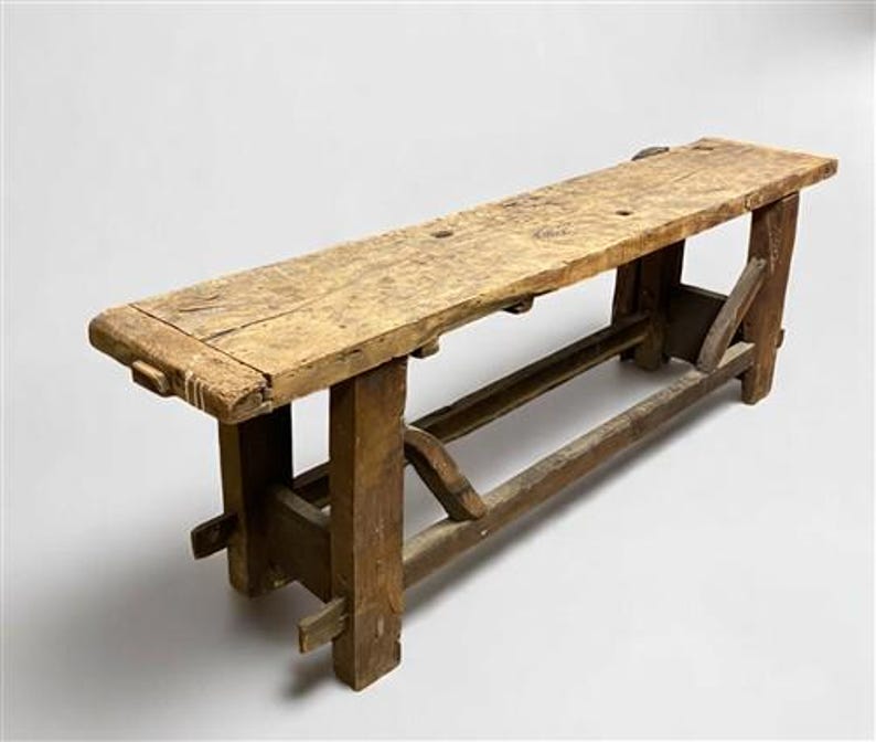 Vintage Rustic Work Table, Carpenter's Workbench, Woodworking Console ...