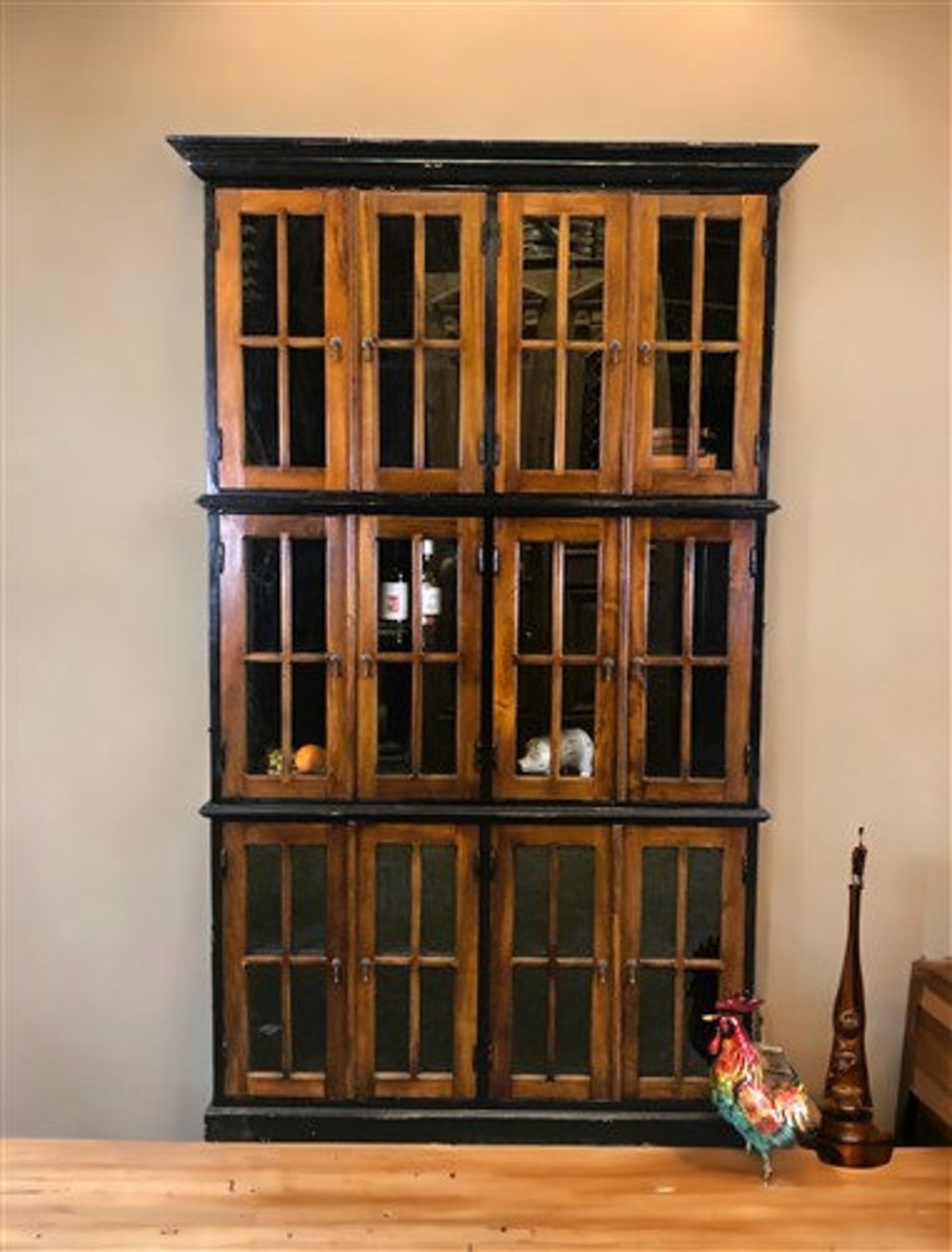 4'10 Triple Stack Cabinet, Black With Teak Doors, Kitchen Cabinet ...