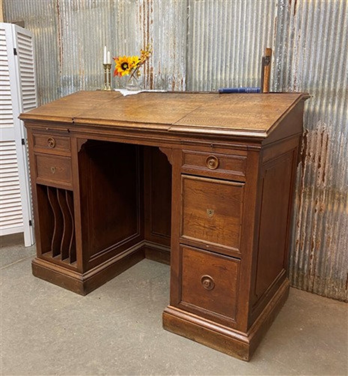 Vintage Oak Slant Front Desk, Standing Desk, Wood Furniture, Secretary ...