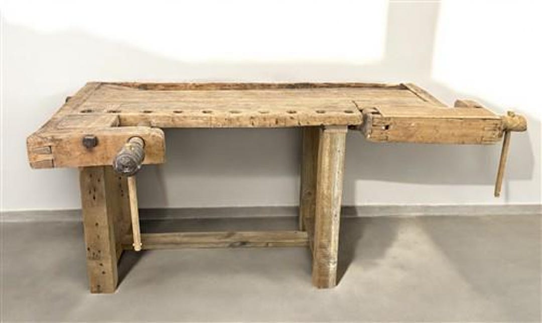 Vintage Rustic Work Table, Carpenter's Workbench, Woodworking Console ...