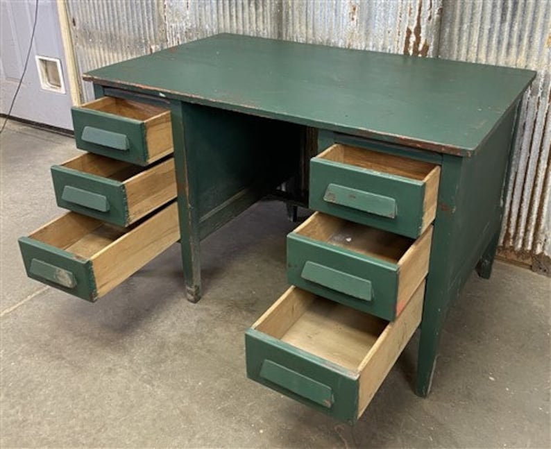 Vintage Green Desk With Drawers, Writing Desk, Home Office Desk, Wood ...