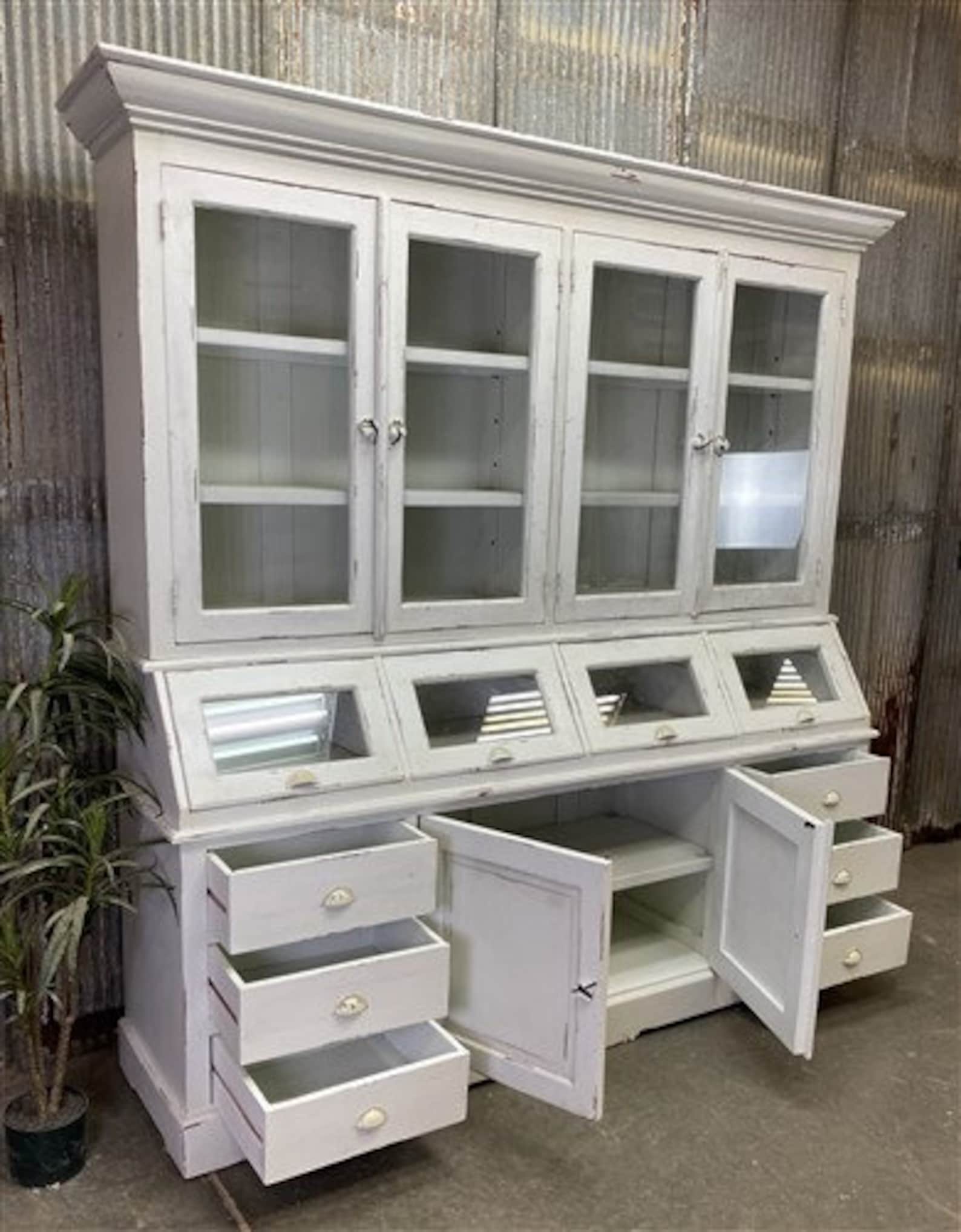 Flat Front White Kitchen Hutch Cabinet, Kitchen Pantry Storage, Wood ...
