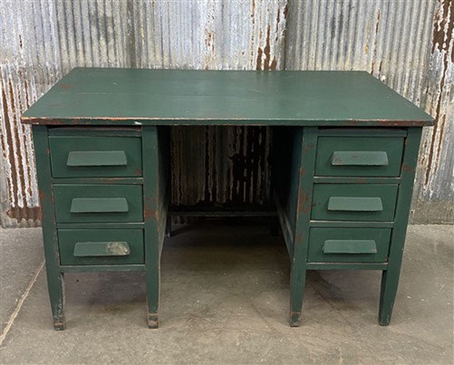 Vintage Green Desk With Drawers, Writing Desk, Home Office Desk, Wood ...