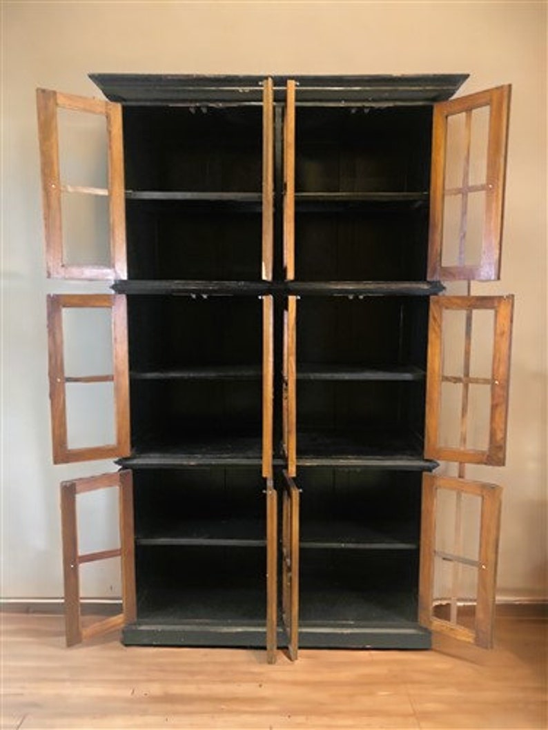4'10" Triple Stack Cabinet, Black With Teak Doors, Kitchen Cabinet ...