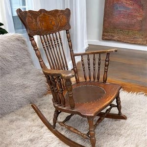 Oak Rocking Chair, Press Back Spindle Rocker, Vintage Carved Rocking ...