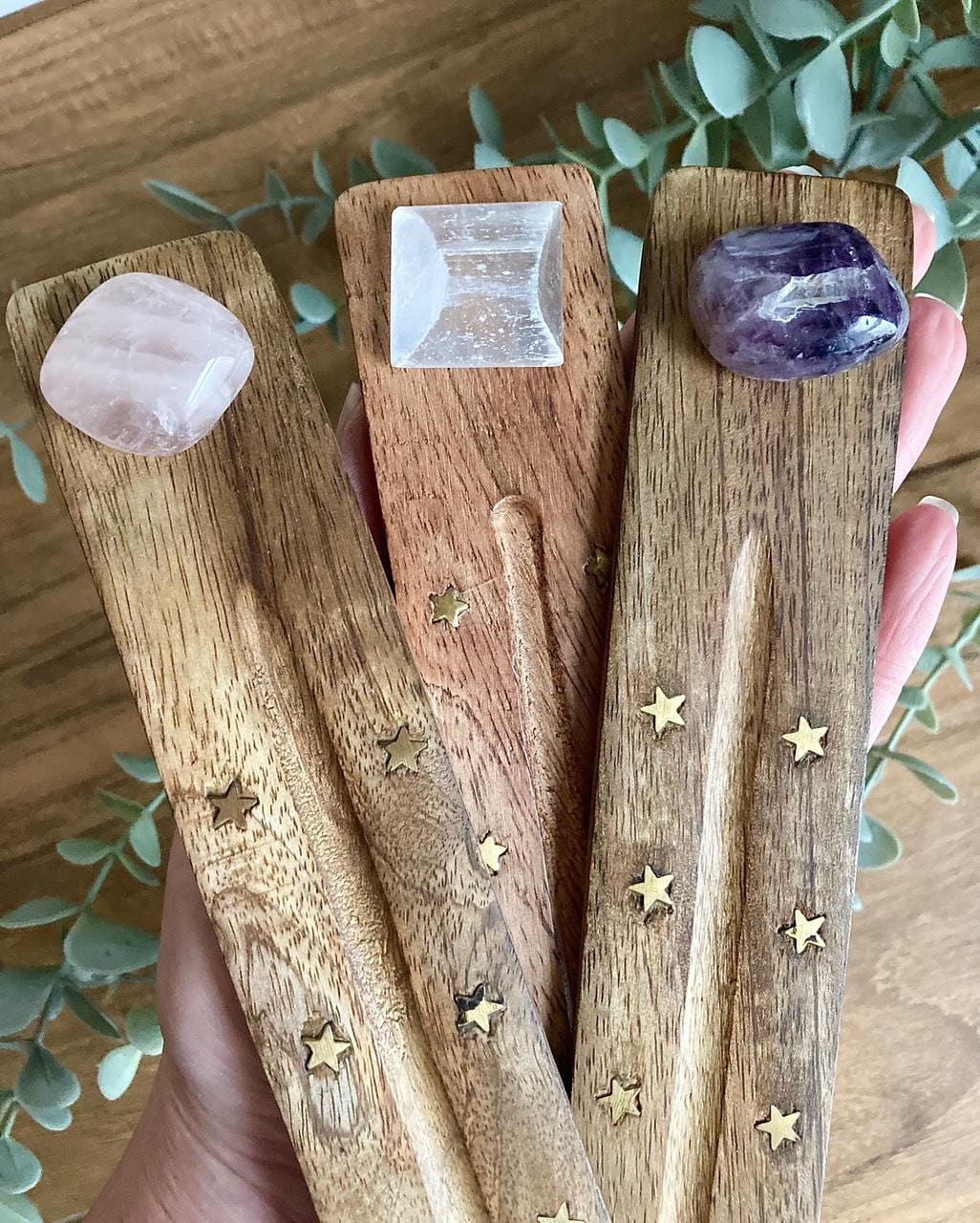 Crystal-infused Wood Incense Stick Holder, Ash Catcher, Incense Tray ...