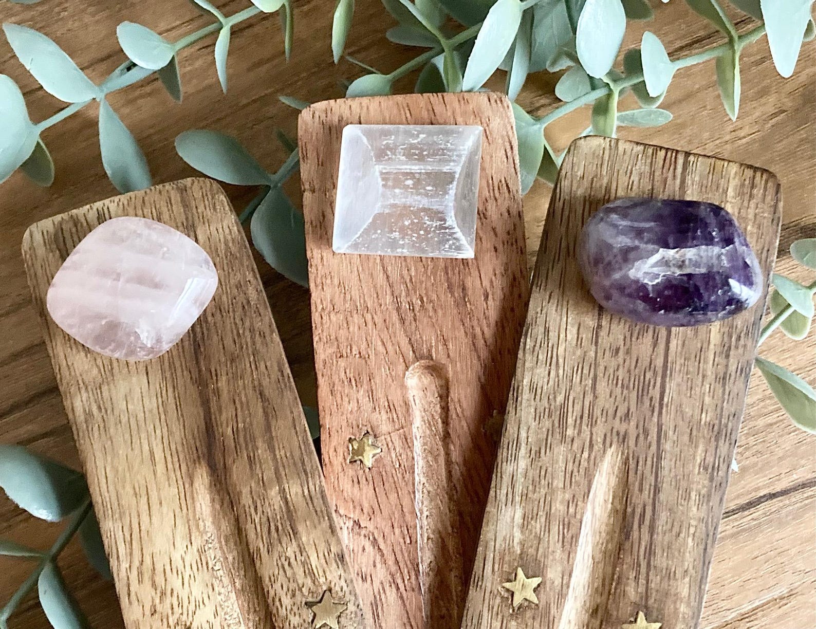 Crystal-infused Wood Incense Stick Holder, Ash Catcher, Incense Tray ...