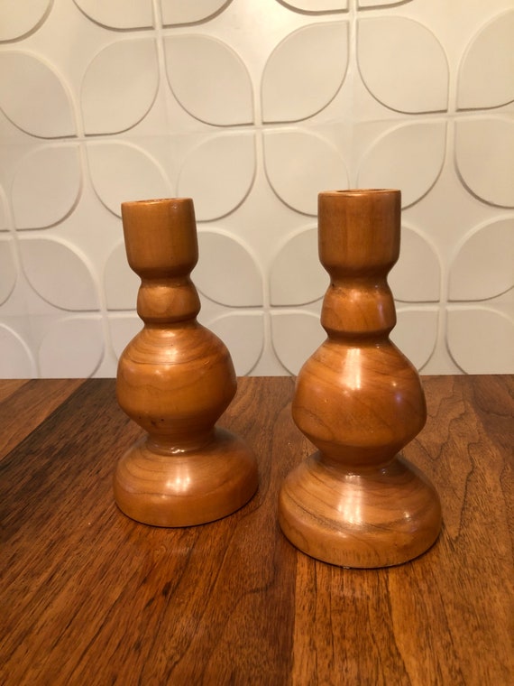Vintage Turned Wooden Maple Candlestick Holder Pair | Etsy