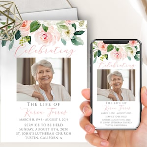Pink Floral Celebration of Life Phone Evite+printable Invite, Blush ...