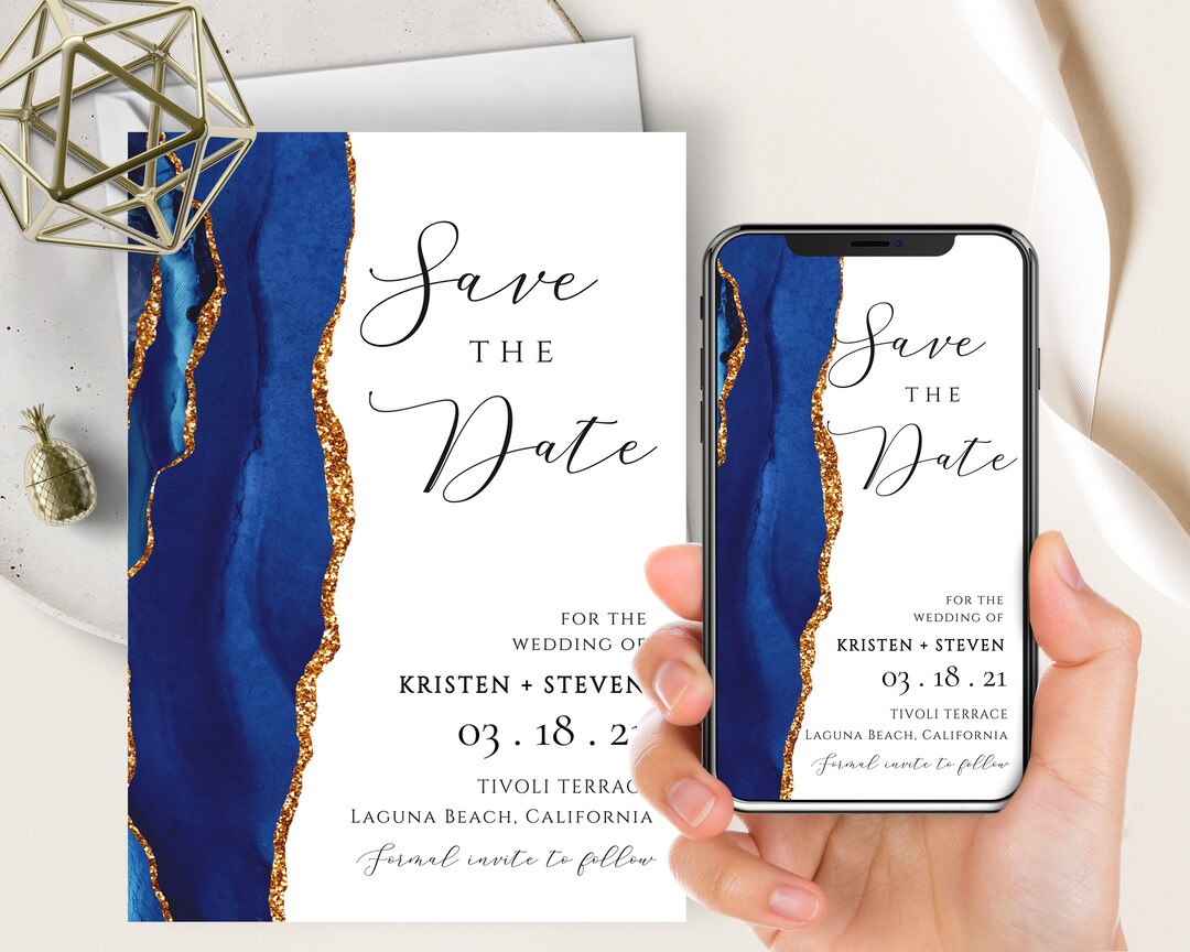 Royal Blue Save the Date Phone Evite+printable Invite, Agate Geode ...