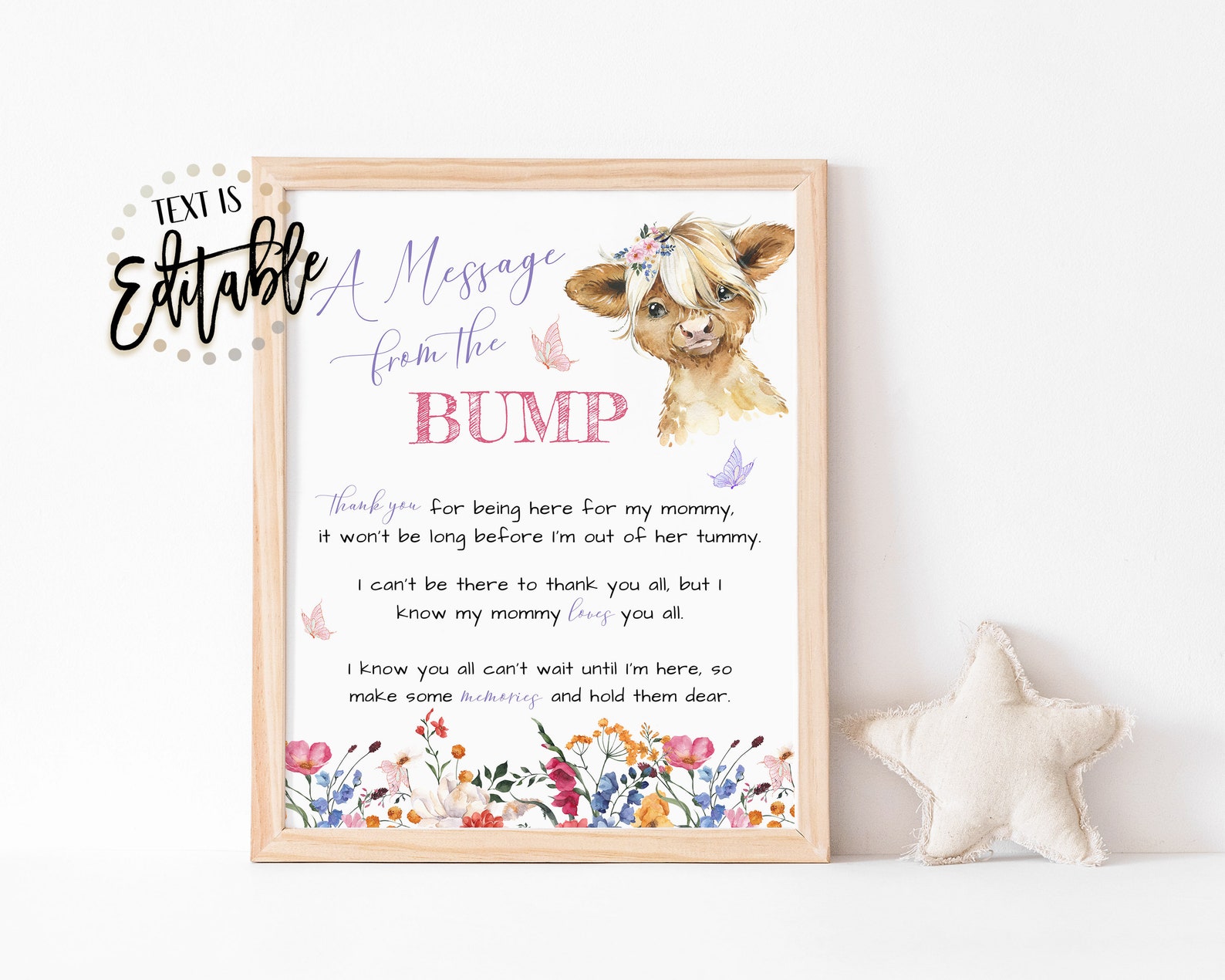 Wildflowers Highland Cow A Message From the Bump, Baby Calf, Colorful ...
