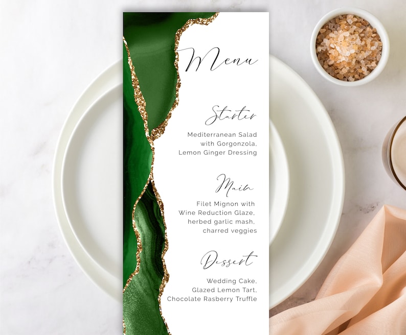 Emerald Green Wedding Menu Template, Agate Geode Watercolor, Gold ...