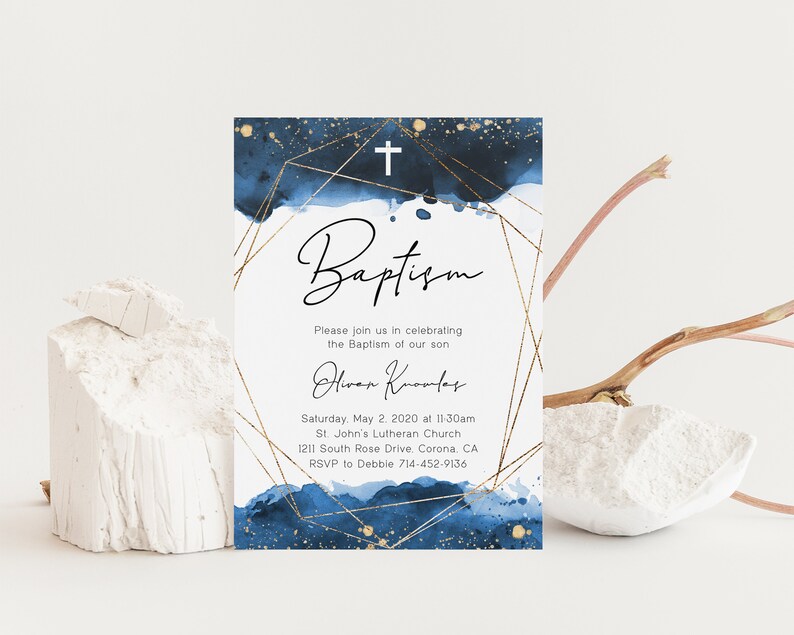 Royal Blue Watercolor Splash Baptism Gold Frame Boy - Etsy