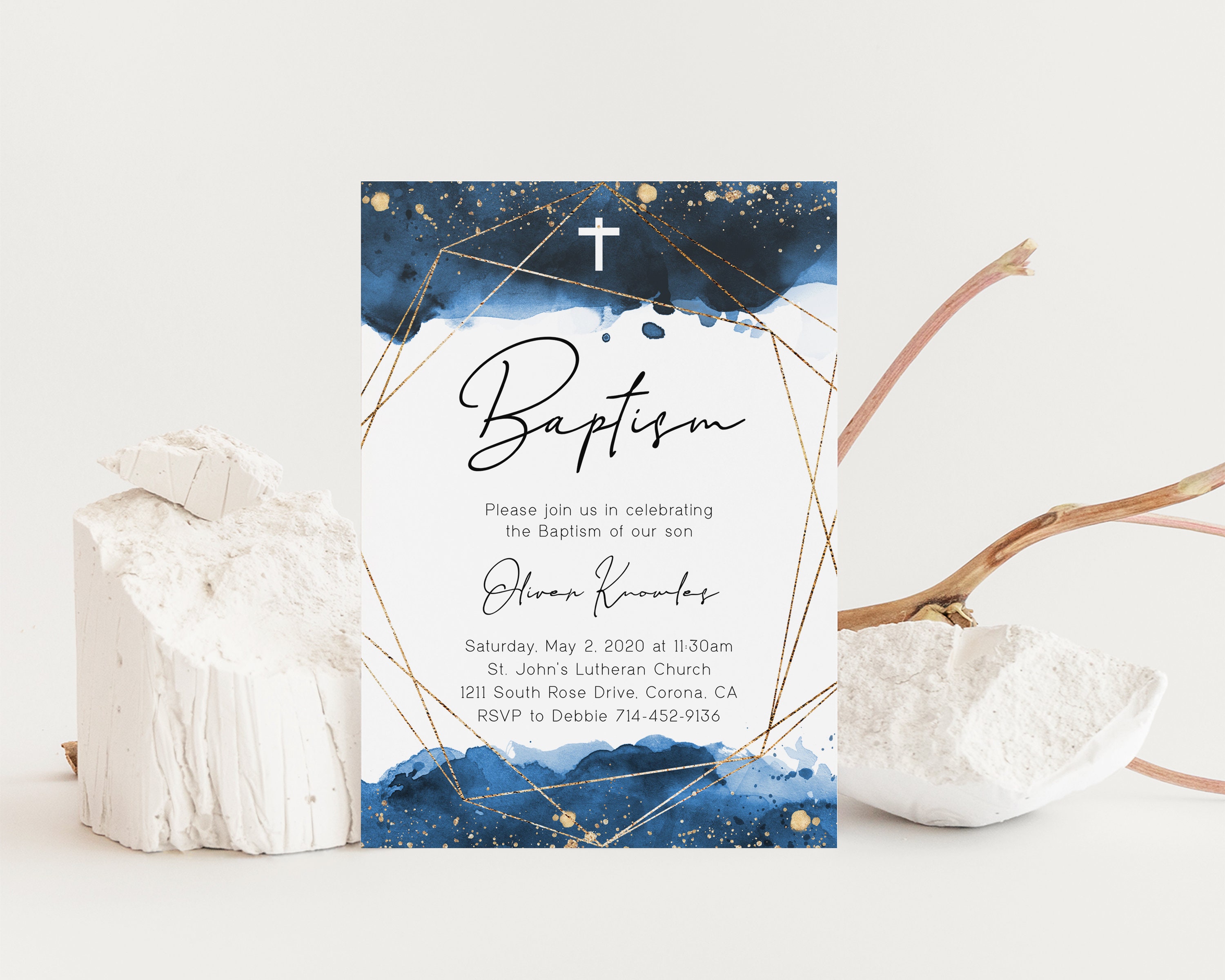 Royal Blue Watercolor Splash Baptism Gold Frame Boy | Etsy