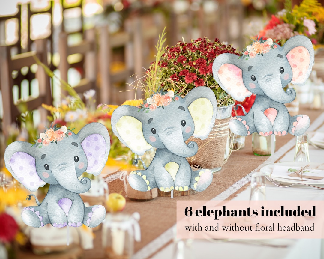 4" Elephant Cutouts, Centerpieces, Peach Floral Greenery, Pink Purple ...