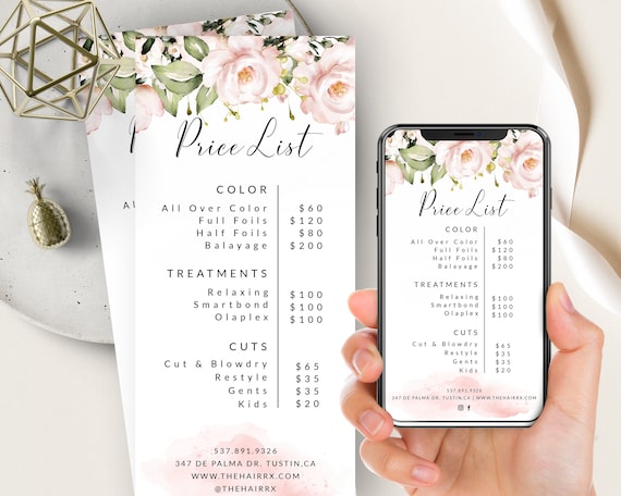 Pink Floral Price List ElectronicPrintable Price Sheet ANY | Etsy