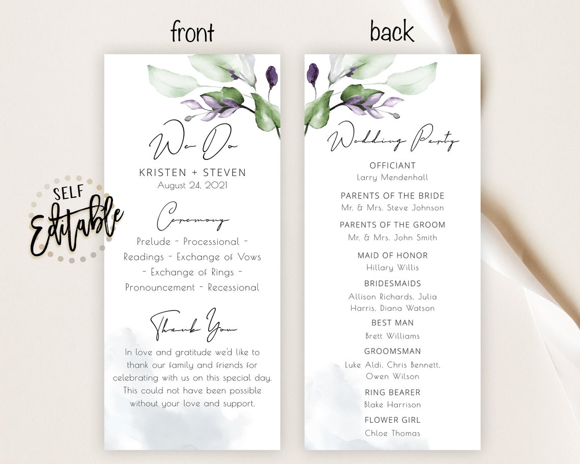 Greenery Lavender Wedding Program Template Printable Ceremony - Etsy