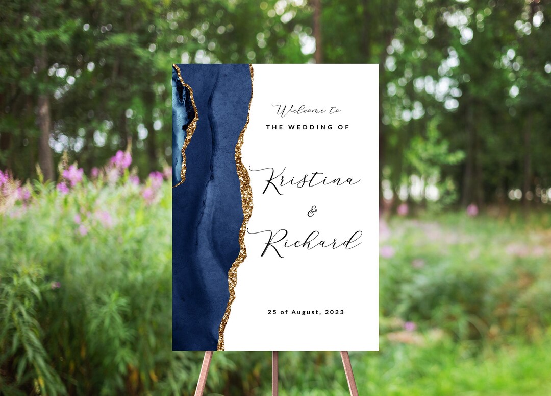 Navy Blue Welcome Sign, Agate Geode Watercolor, Abstract Minimalist ...