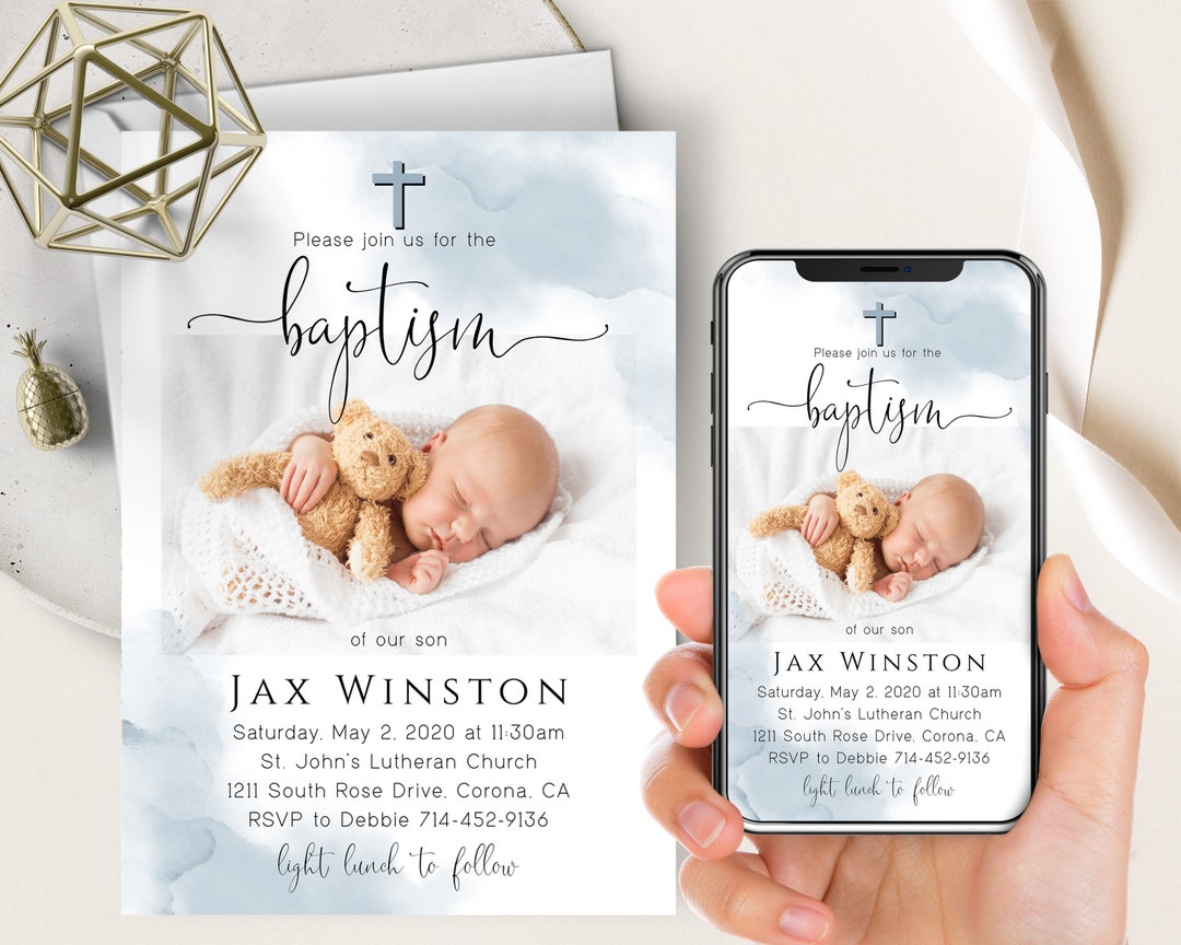 Blue Watercolor Baptism Invite, Insert Photo, Boy Dedication, Dusty ...