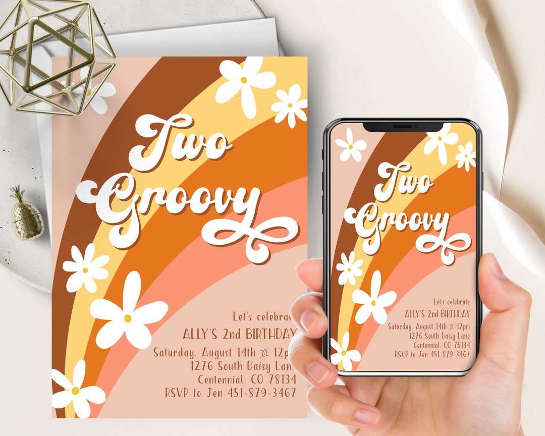 Two Groovy Birthday Invitation, 2nd Birthday Party, Hippie 70s Retro ...