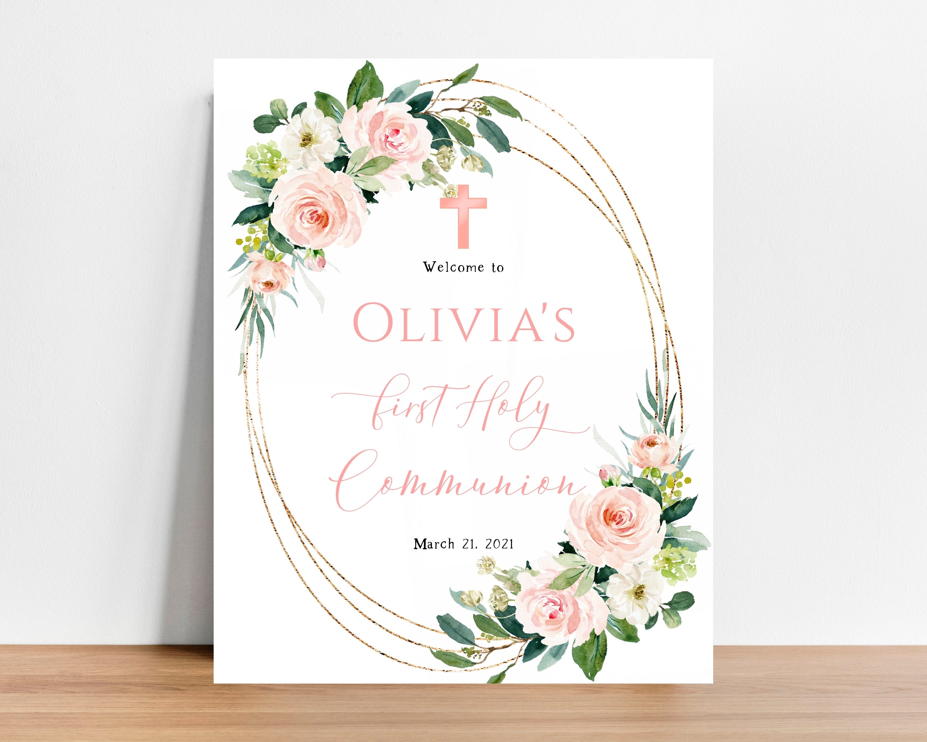 Pink Floral Communion Welcome Sign, First Holy Communion, Blush Pink ...