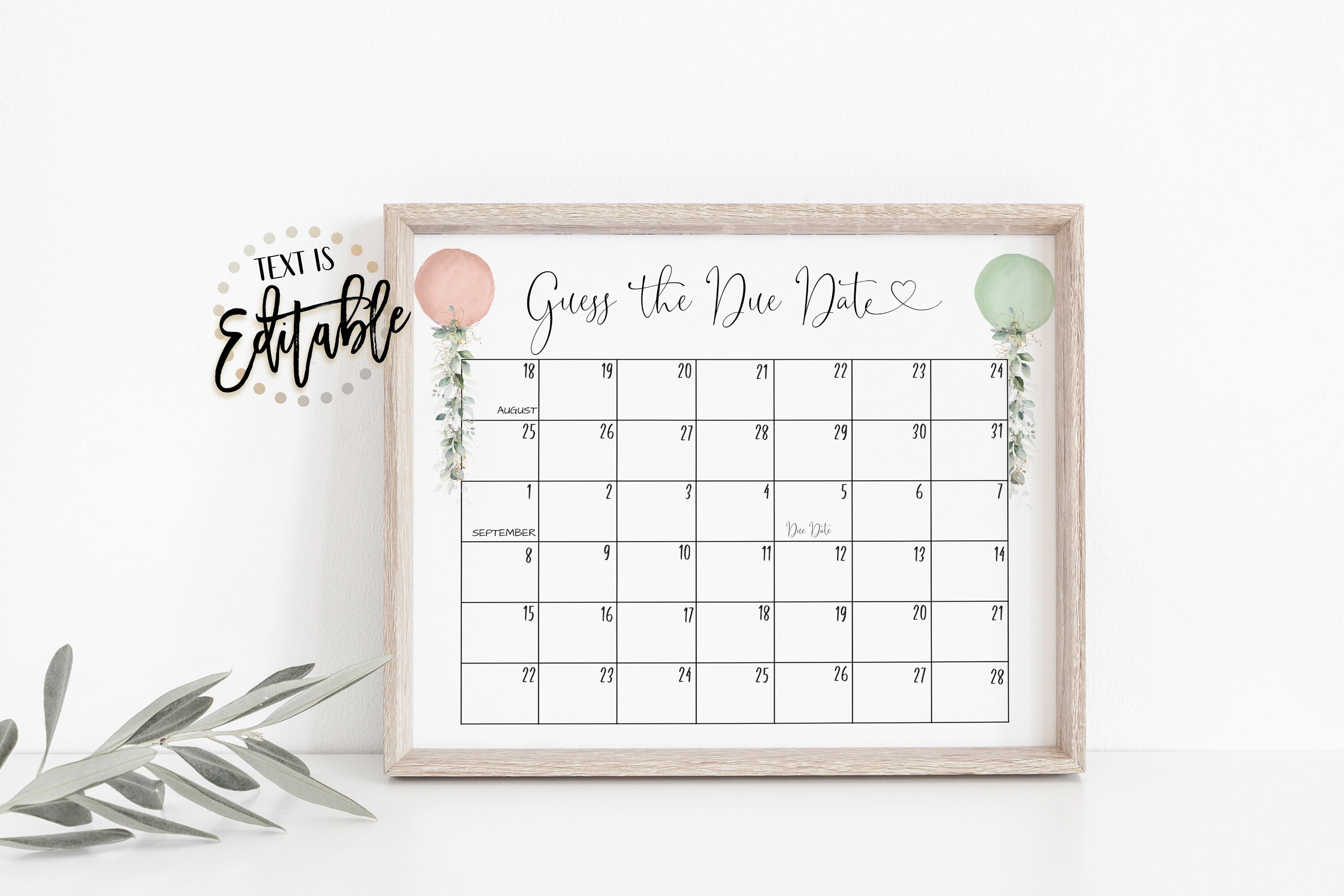 Greenery Balloons Birthday Due Date Calendar, Sage Green, Blush Pink ...