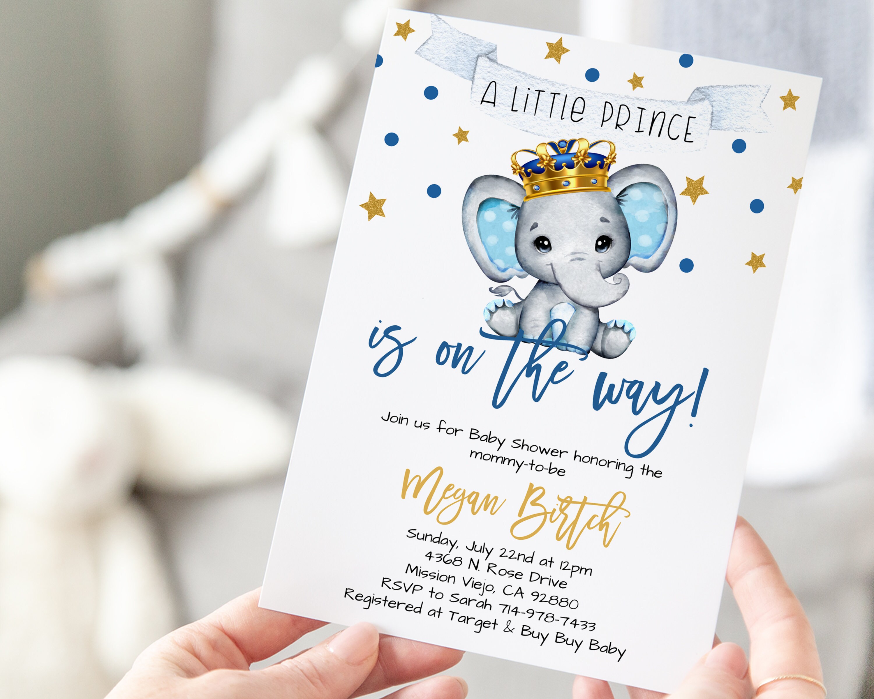 Prince Elephant Baby Shower Invitation Blue and Gold Crown A - Etsy