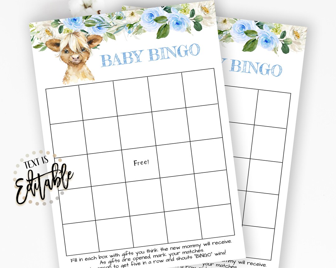 Highland Cow Bingo Game, Baby Shower Bingo, Blue Floral, Baby Calf, Boy ...