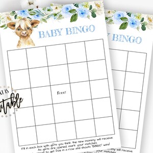 Highland Cow Bingo Game, Baby Shower Bingo, Blue Floral, Baby Calf, Boy ...