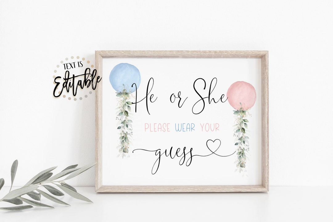 Wear Your Guess Sign, Gender Reveal Activity, Pink and Blue Greenery ...