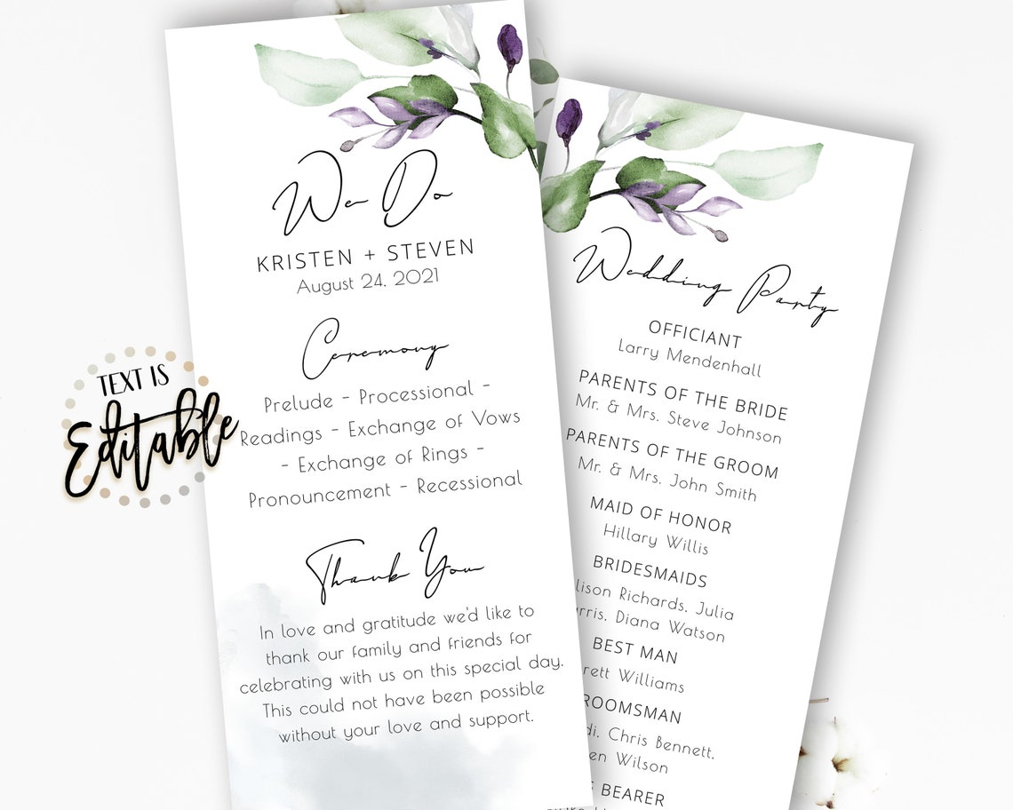Greenery Lavender Wedding Program Template, Printable Ceremony Template ...