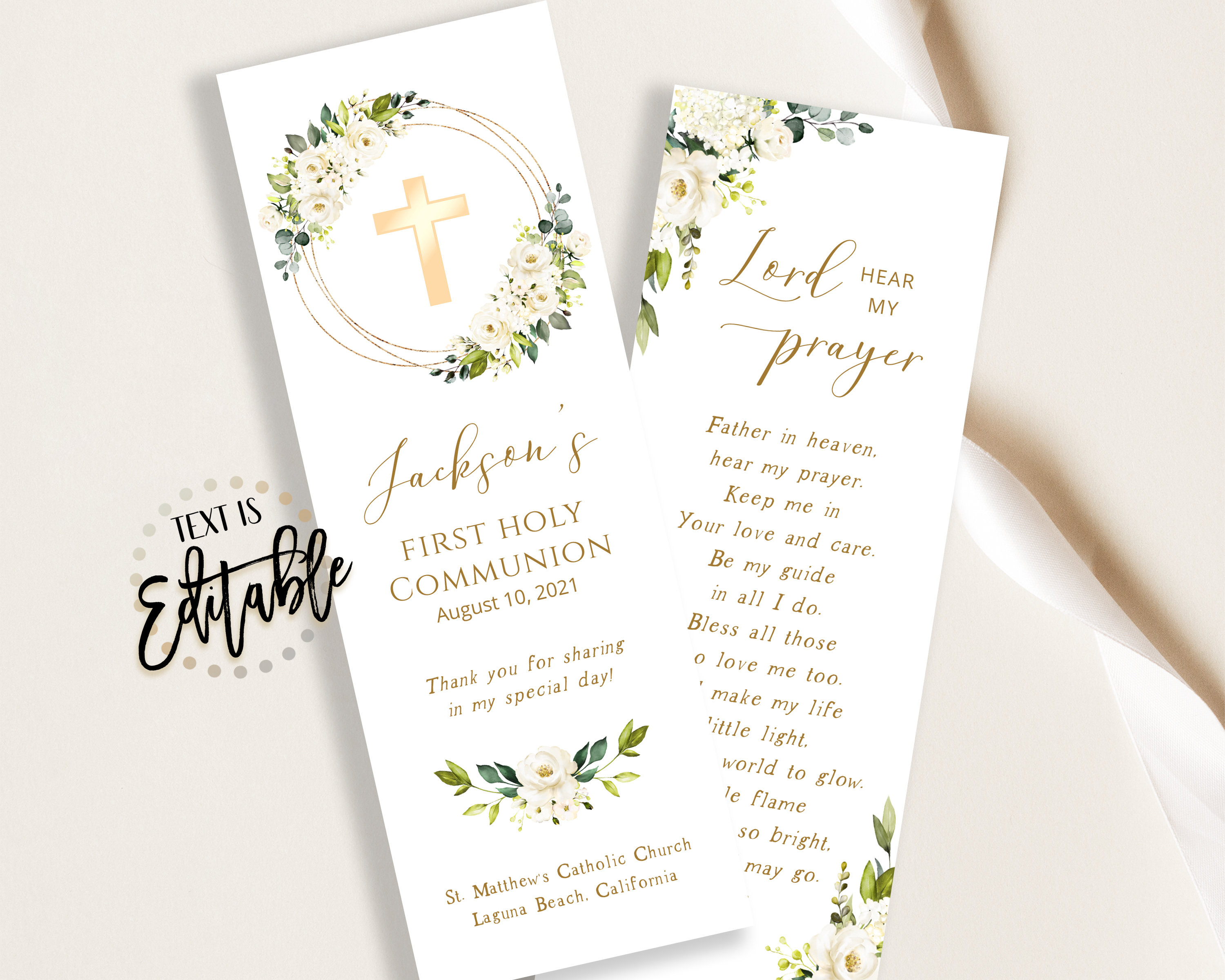 White Floral First Communion Prayer Card Template, Bookmark, Girl, Boy ...