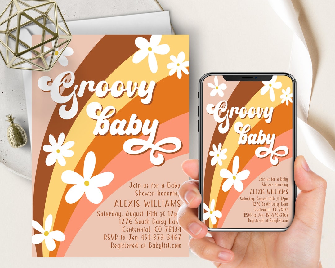 Boho Groovy Baby Shower Invitation, Rainbow, Beige Neutral, Retro ...