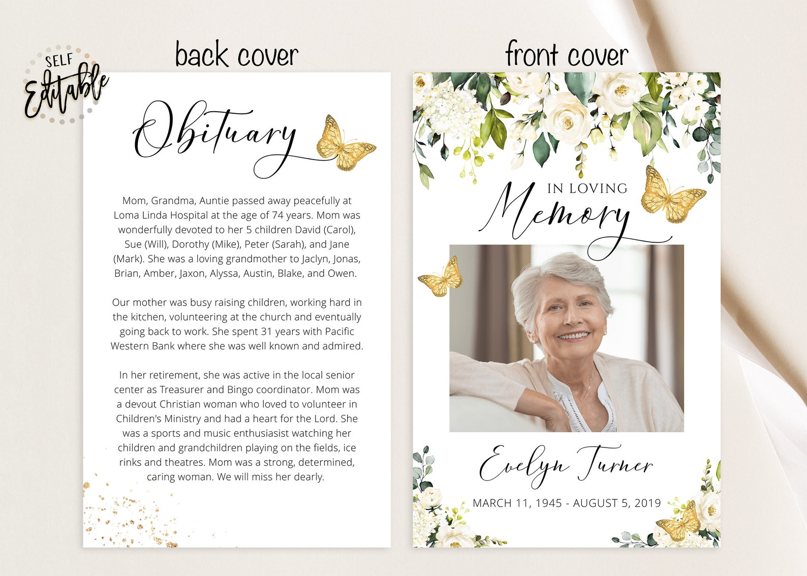 White Floral Butterfly Funeral Program, Funeral Service, in Loving ...