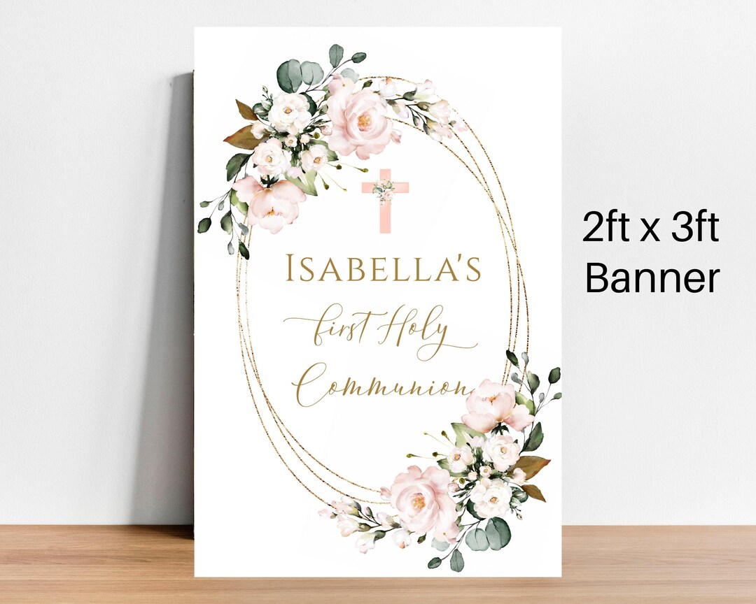 Pink Floral First Holy Communion Banner, Backdrop, 2' X 3' Large Banner ...