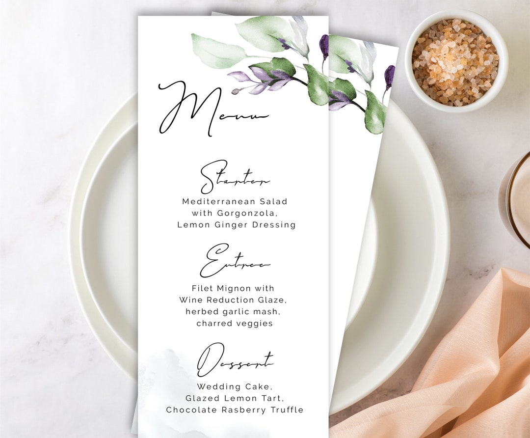 Greenery Lavender Menu Template, Wedding Menu, Minimalist, Tea Length ...