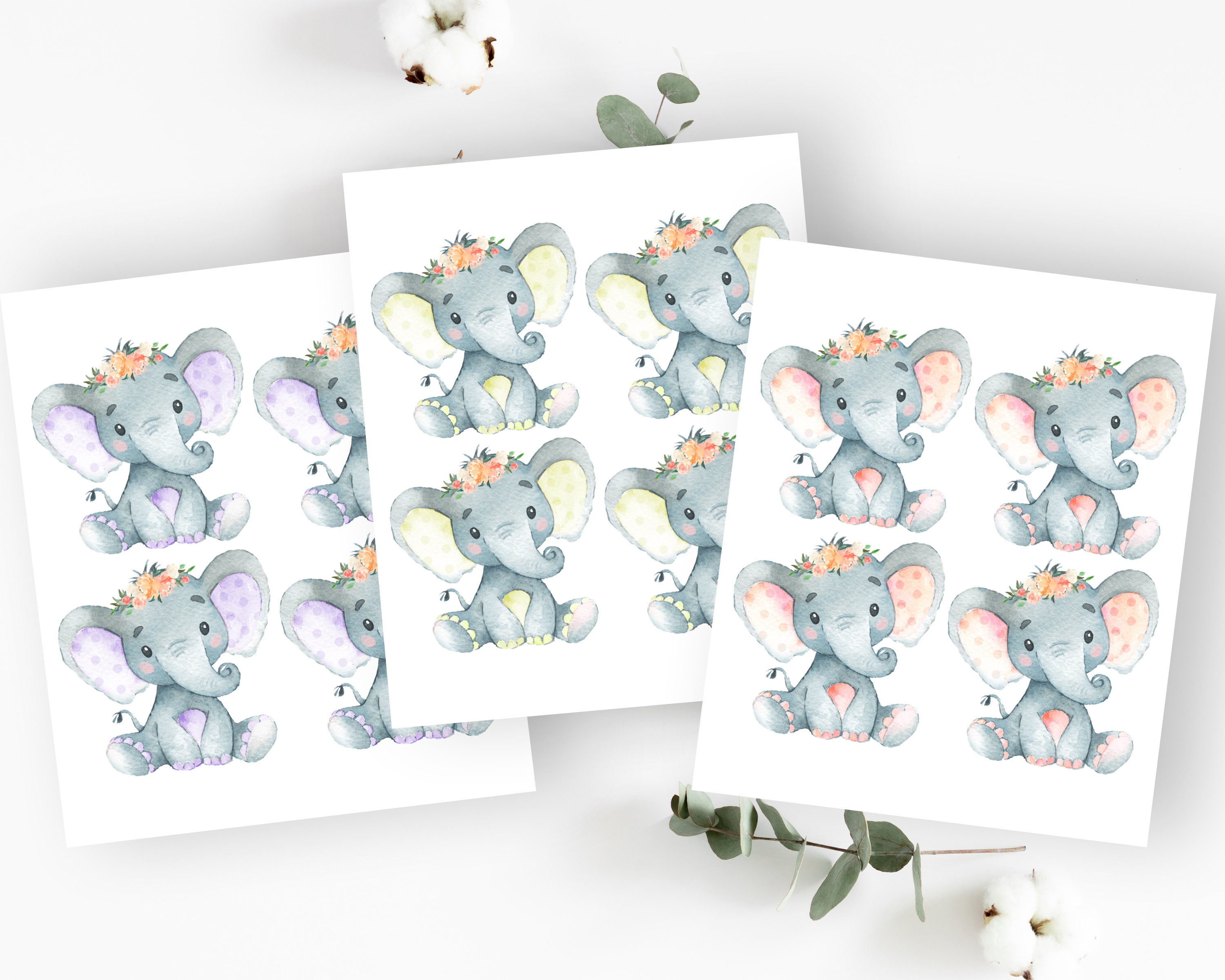 4" Elephant Cutouts, Centerpieces, Peach Floral Greenery, Pink Purple ...