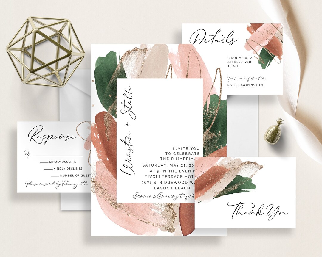 Abstract Shapes Wedding Invitation Set, Orange Beige Forest Green ...